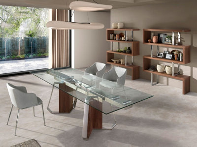 Modern Rectangular Extendable Dining Table with Glass Top and Walnut Legs
