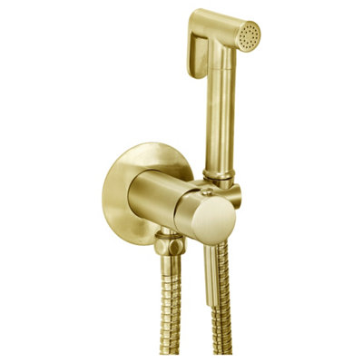 Modern Round Brushed Brass Bidet Douche Kit with Shut Off Valve and Hose