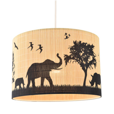 Modern Safari Bamboo Pendant Light Shade with Black Animals and Trees