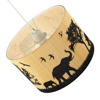 Modern Safari Bamboo Pendant Light Shade with Black Animals and Trees