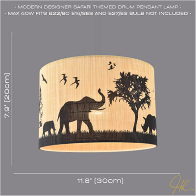 Modern Safari Bamboo Pendant Light Shade with Black Animals and Trees