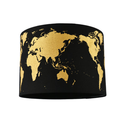 Modern Shiny Gold Foil World Map Lamp Shade in Black Cotton Fabric