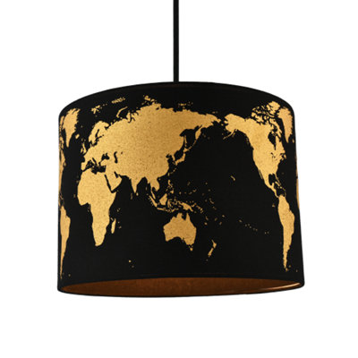 Modern Shiny Gold Foil World Map Lamp Shade in Black Cotton Fabric