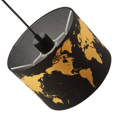 Modern Shiny Gold Foil World Map Lamp Shade in Black Cotton Fabric