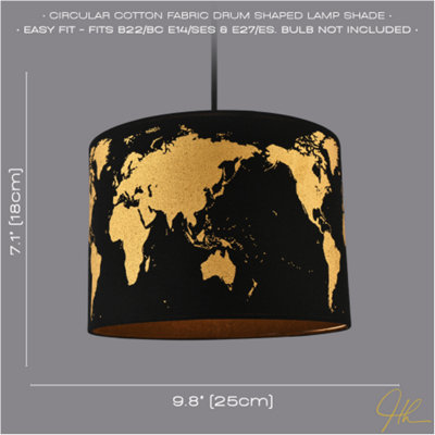 Modern Shiny Gold Foil World Map Lamp Shade in Black Cotton Fabric