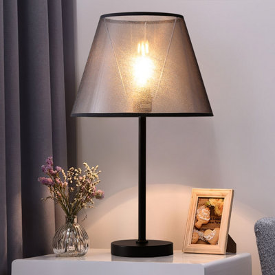 Modern Simple Bedside Lamp with Black Metal Base and Fabric Shade Table ...