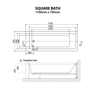 Modern Single Ended Bath Tub Rectangular Interior 1700 x 700mm White Acrylic Let Set Included