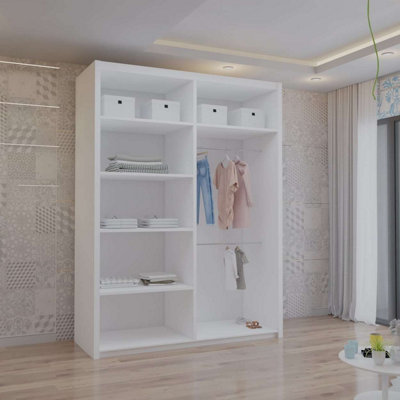 Modern Sliding Wardrobe with LED Light and Ample Storage White 150cm