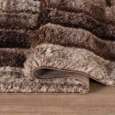 Modern Soft Bordered Shimmer Shaggy Area Rugs Bronze 120x170 cm