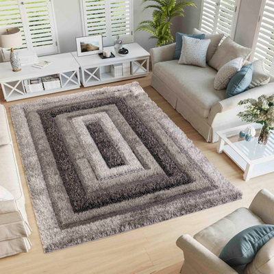 Modern Soft Bordered Shimmer Shaggy Area Rugs Grey 80x150 cm