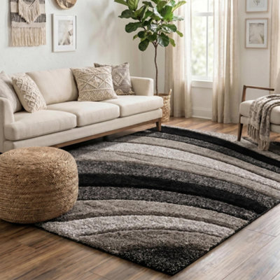 Modern Soft Waves Shimmer Shaggy Area Rugs Grey 80x150 cm