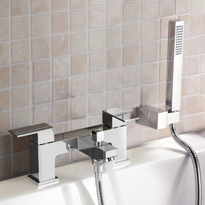 Modern Square Bridge Deck Mounted Bath Filler Tap With Shower Kit | DIY ...