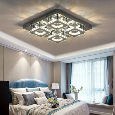 Modern Square Large Chrome effect Crystal Flush LED Ceiling Light ...
