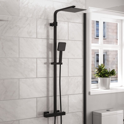 Modern Square Matte Black Exposed Thermostatic Mixer Shower Set With Shower Head and Handheld ...