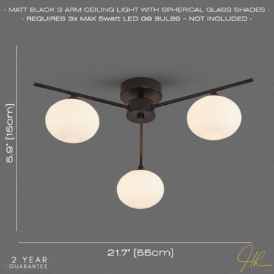 Modern Triple Branch Black Ceiling Light Fitting with White Swirl Glass ...