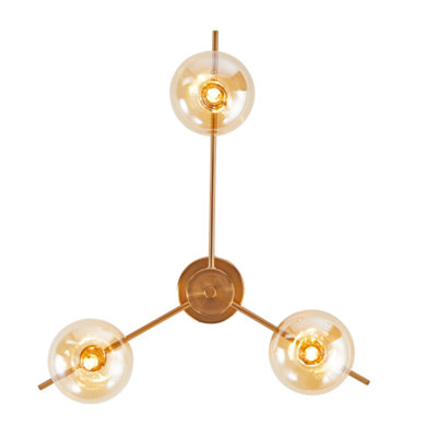 Modern Triple Branch Satin Brass Ceiling Light Fitting with Amber Glass ...
