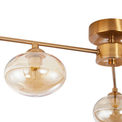 Modern Triple Branch Satin Brass Ceiling Light Fitting with Amber Glass ...