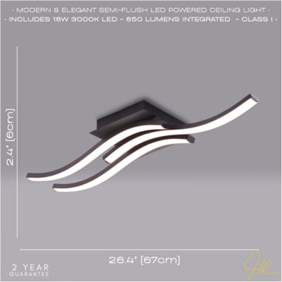 Modern Triple Wavy Strip Flush LED Ceiling Light Fixture in Matte Black ...