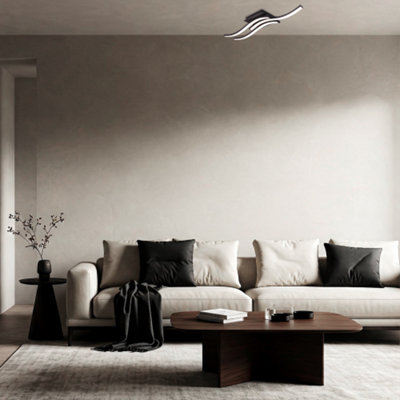 Modern Triple Wavy Strip Flush LED Ceiling Light Fixture in Matte Black ...