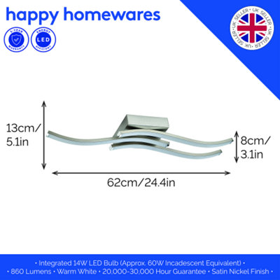 Modern Triple Wavy Strip Flush LED Powered Ceiling Light Fitting in ...