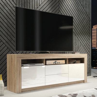 MODERN TV UNIT 160CM OAK WITH HIGH GLOSS WHITE DOORS - CREATIVE FURNITURE