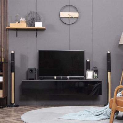 Modern Wall Mounted Floating TV Cabinet with Double Flap Storage, Black
