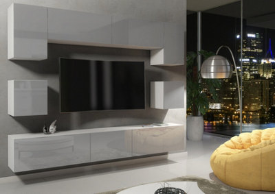 Modern Wall Unit TV Stand Living Room Cupboard Grey Gloss Doors