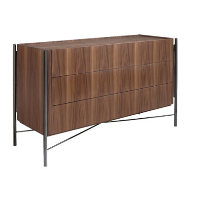 MODERN WALNUT CHEST OF DRAWERS WITH DARK STEEL LEGS