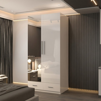 Modern Wardrobe High Gloss Double Door Hinged Wardrobe with Mirror ...