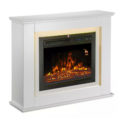 Modern White Electric Fireplace with Remote Control, Rectangle LED Log ...
