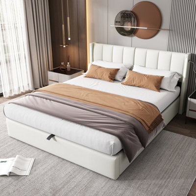 Modern White Faux Leather Double Ottoman Bed Frame with LED Lights, USB ...