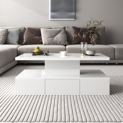 Modern White High-Gloss Coffee Table with LED Light and Drawers