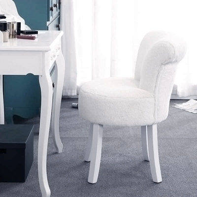 Modern White Plush Upholstered Dressing Table Stool with White Legs
