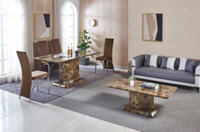 Modernique Brown MDF Marble Effect Dining Table with 4 Brown Velvet Chairs