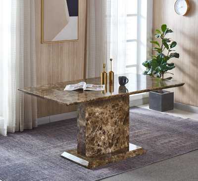 Modernique Brown MDF Marble Effect Dining Table with 4 Brown Velvet Chairs