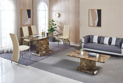 Modernique Brown MDF Marble Effect Dining Table with 4 Cream Faux ...