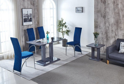 Modernique Rocco Grey Gloss Finish MDF Dining Table with 4 Blue Velvet ...