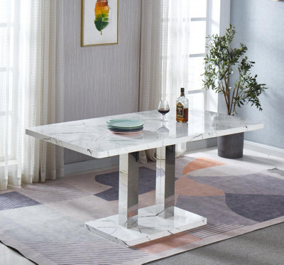 Modernique White MDF Marble Effect Dining Table with 4 Black Faux ...