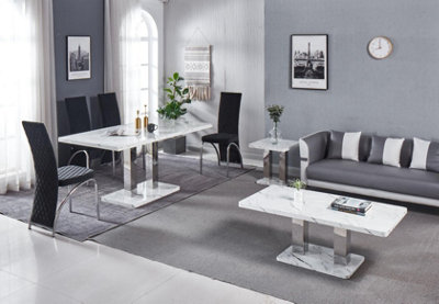 Modernique White MDF Marble Effect Dining Table with 4 Black Velvet ...