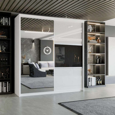 Modren Wardrobe With Rechargeable LED Light High Gloss Sliding Wardrobe ...