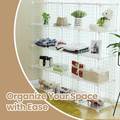 Modular Wire Grid Shelving System With 16 Cubes, Metal Mesh Rack And ...