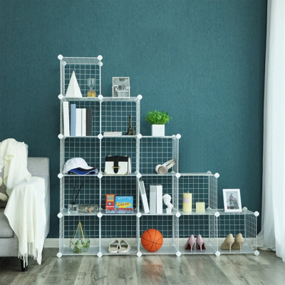 Modular Wire Grid Shelving System With 16 Cubes, Metal Mesh Rack And ...