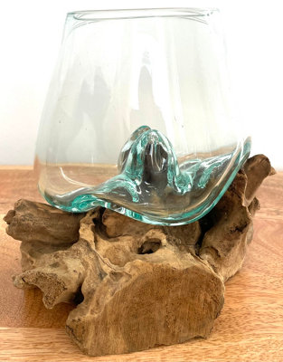Molten Glass Display Bowl On Wood Root Stand 14x10x11cm Glass Rustic ...