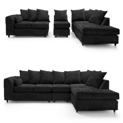 Monaco Chenille Fabric 5 Seater L Shaped Corner Sofa Black Right Hand Facing