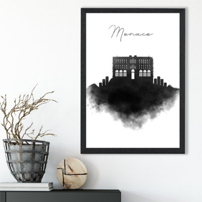 Monaco Watercolour Skyline City Framed Print SIZE: A3 with Black Frame