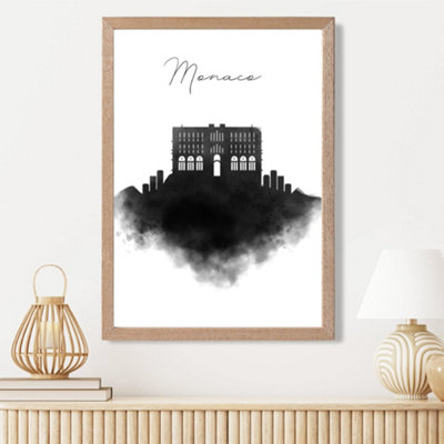 MONACO WATERCOLOUR SKYLINE CITY FRAMED PRINT SIZE: A3 WITH OAK FRAME
