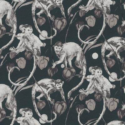 Monkey Jungle Wallpaper Textured Embossed Tropical Vinyl Black White
