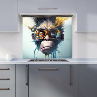 Monkey With Glasses Splashart Premium Glass Kitchen Splashback W600mm x ...