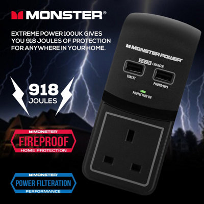 Monster Power Core 100 Surge Protected Socket with 2 USB Charging Ports ...