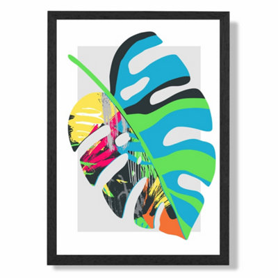 Monstera Blue and Green Abstract Minimalist Medium Poster with Black Hanger